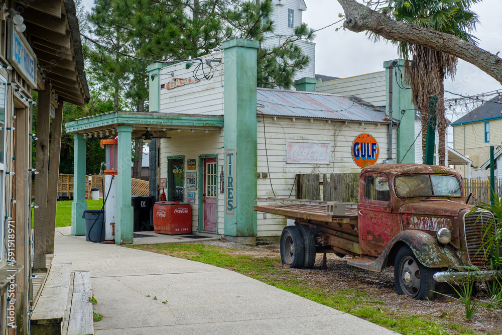 Replicated 1930's Small Town with Retro Gas Station and Rusted Vintage ...