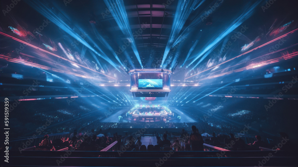 Stage lights and crowd of people in front of a live game stage ...