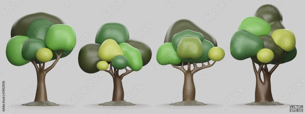 Set of Trees isolated on a white background. 3D tree for landscape ...
