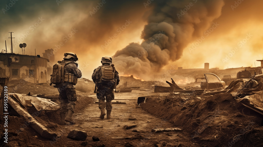 War, special military special forces in a war zone destroyed by bombs ...