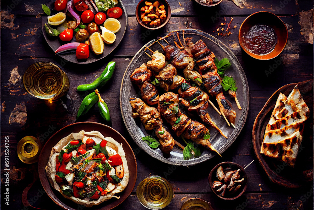 Middle Eastern wallpaper in Arabic style on the table, top view. Lamb ...