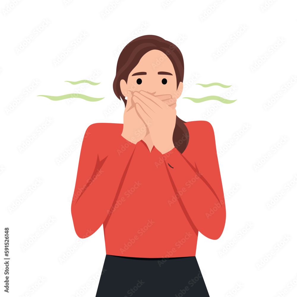Young teenager girl pinching her nose bad stinking bad smell concept ...
