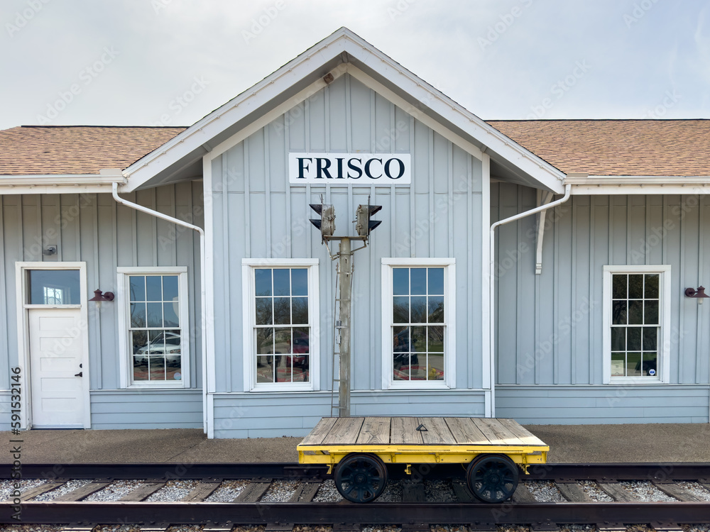 Frisco, Texas, USA - April 10, 2023. Frisco train station entrance ...