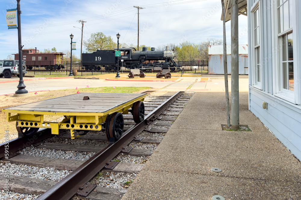Frisco, Texas, USA - April 10, 2023. Trolley on the narrow gauge ...