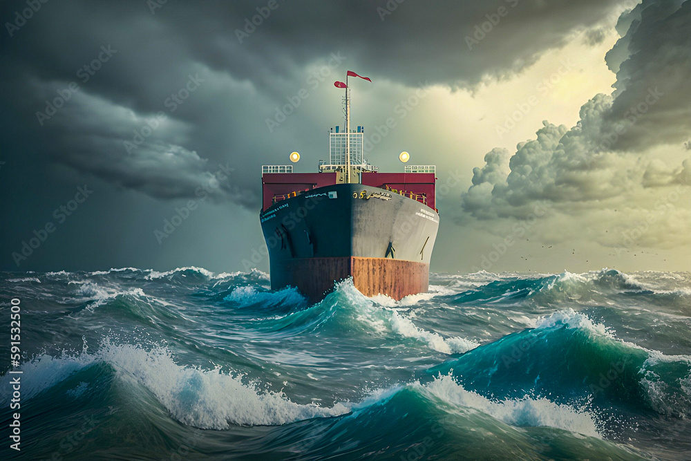Freight carrying ship in the middle of the ocean in choppy seas. AI generated illustration ...