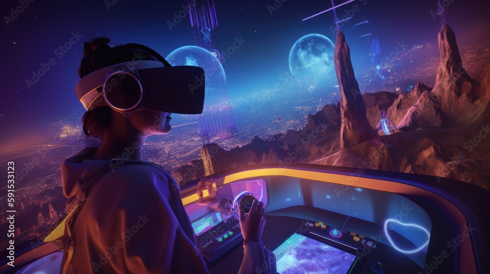 Young Creative Female Wearing a Virtual Reality Headset at Home. Woman ...