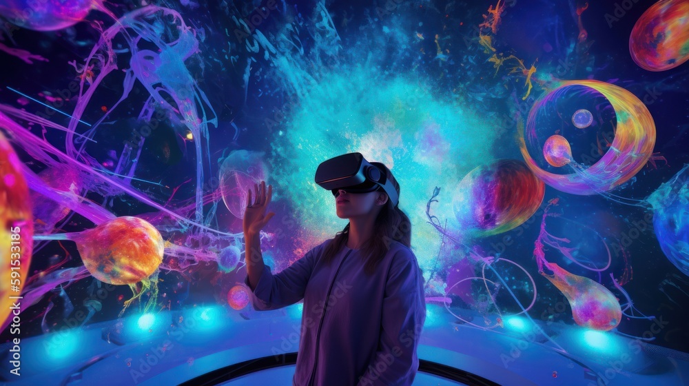 Young Creative Female Wearing a Virtual Reality Headset at Home. Woman ...