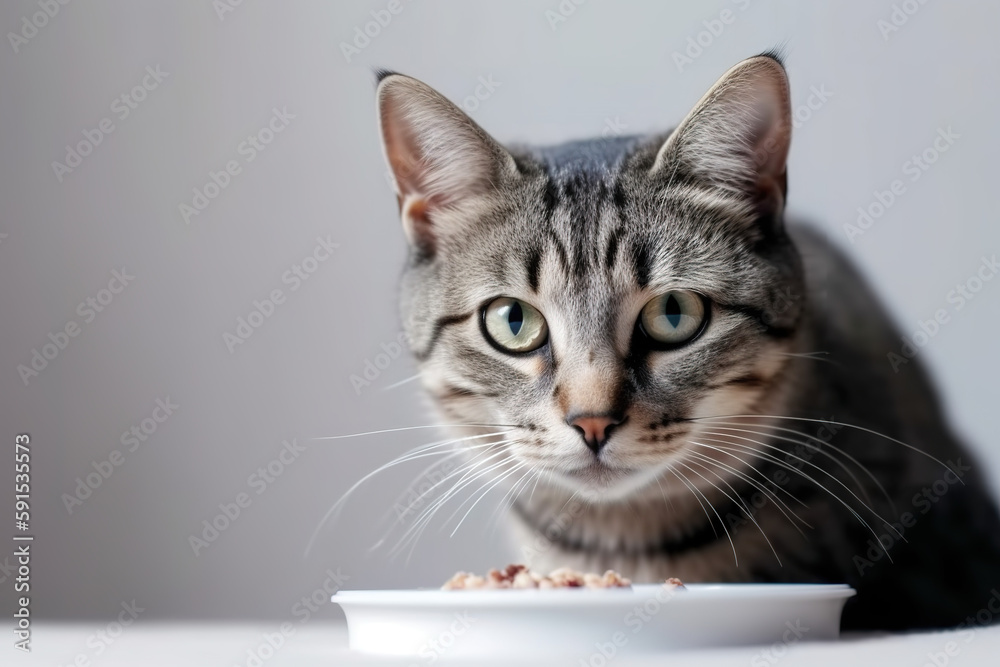 A close-up, adorable image of a cat happily munching on its favorite ...