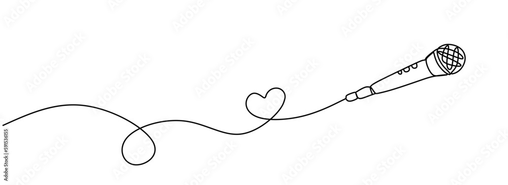 One Continuous line drawing wired microphone with heart in microphone ...