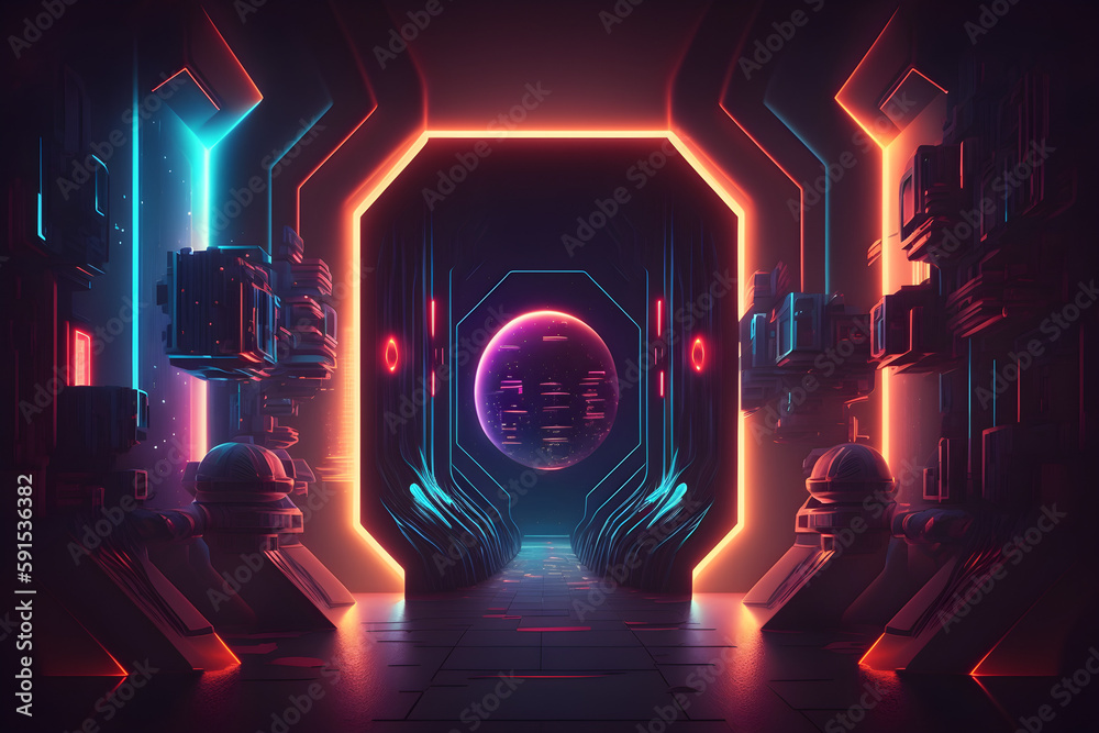 3D Neon Geometric Shapes Background Composition with moon like object ...