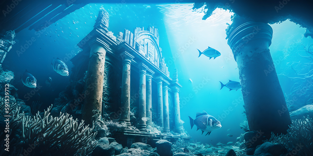 Ancient lost city of Atlantis underwater city of mythology with fish ...