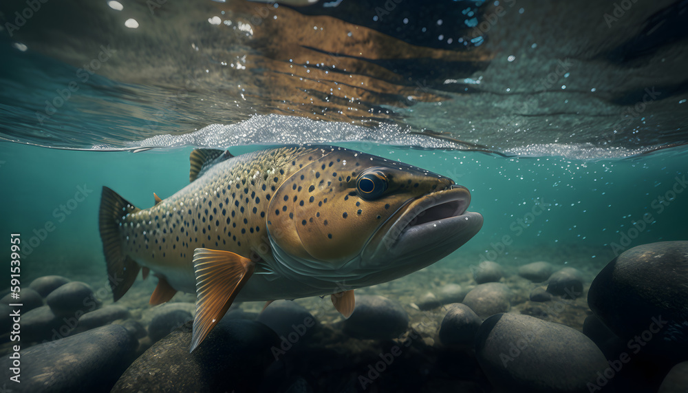 Predatory fish salmon trout in habitat under water looking for prey ...