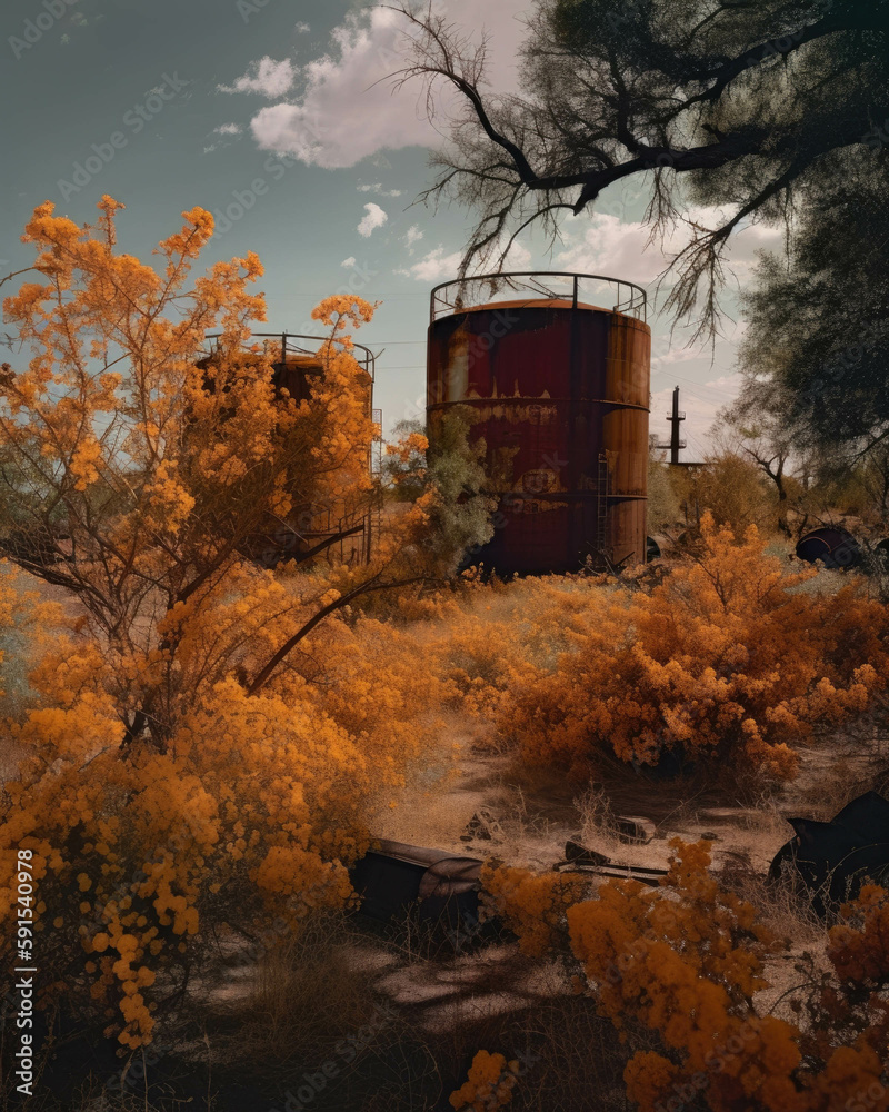 Nature reclaiming the land vibrant trees in bloom and the rusted ...