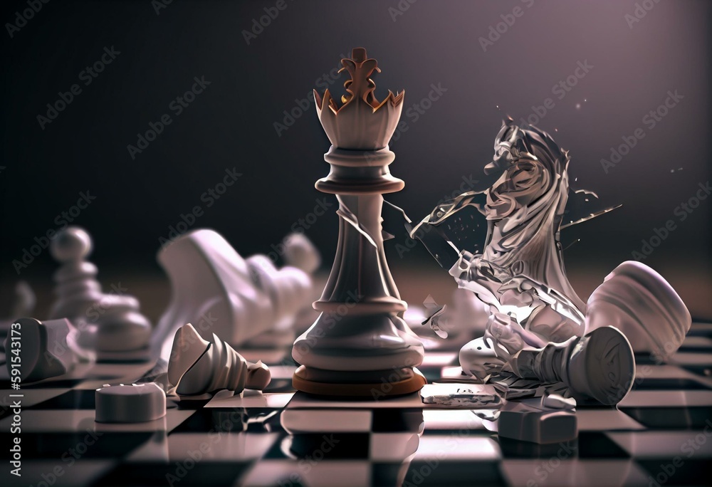 3d render, chess game battle. Queen's Gambit. White chess piece ...