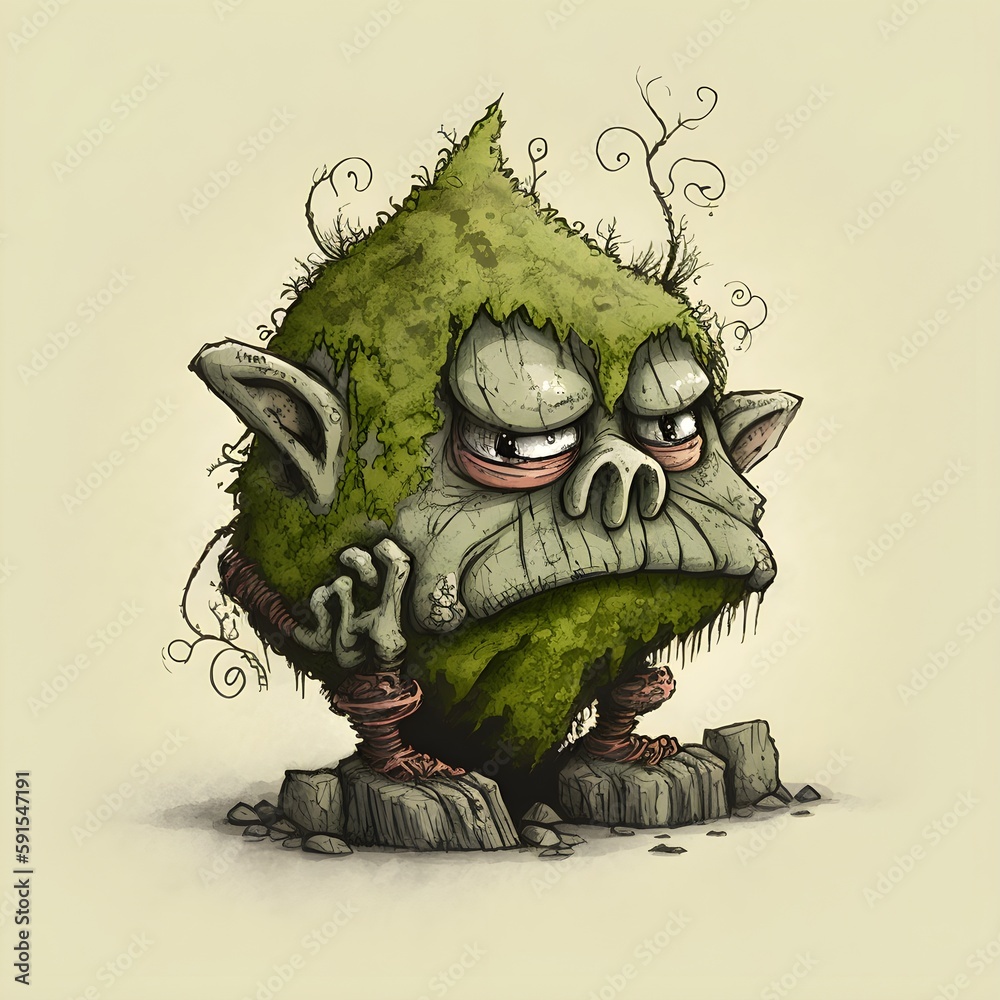line drawing of a troll disguised as a mossy rock in the style of a ...