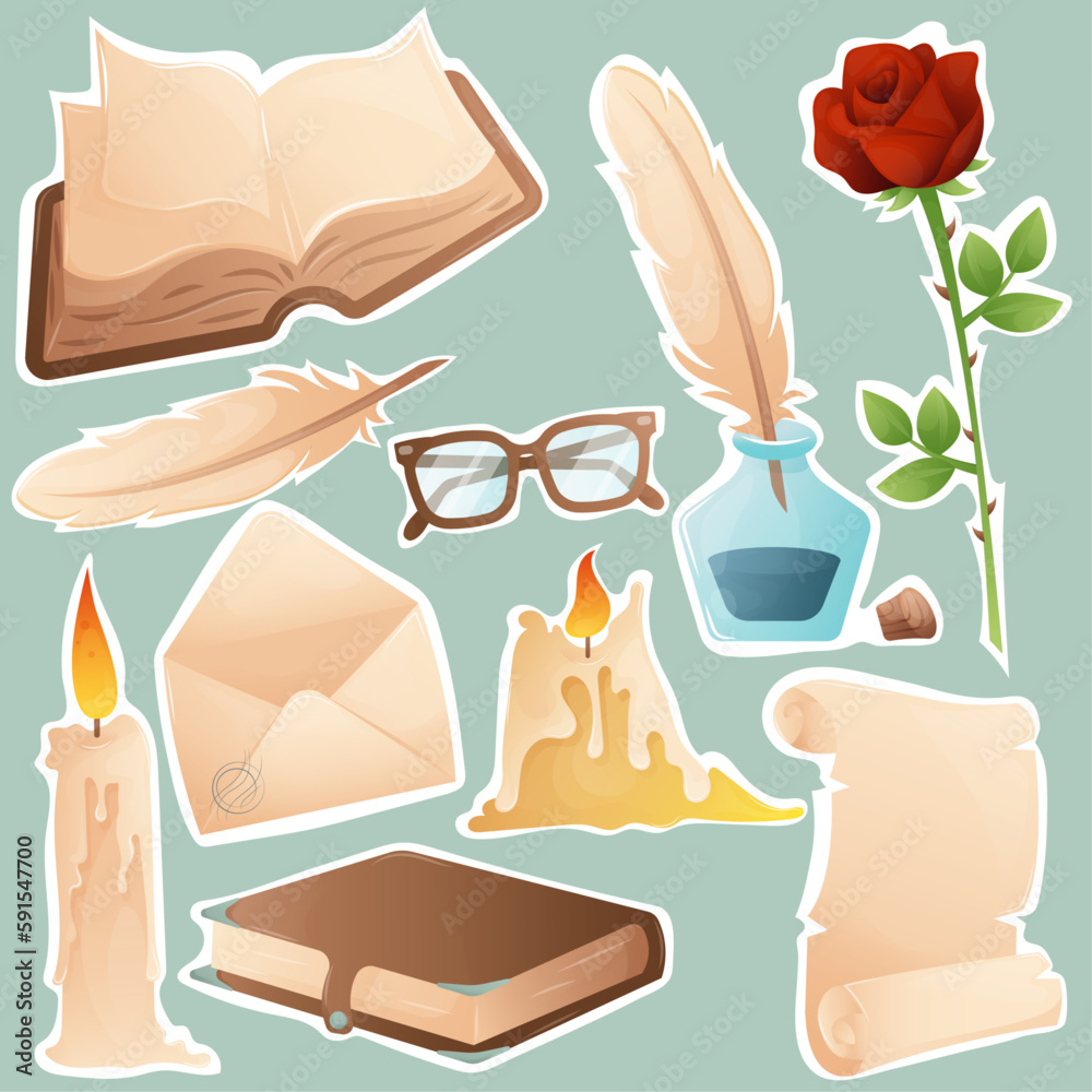 Book ancient sticker set for World Book Day in old vintage style with ...