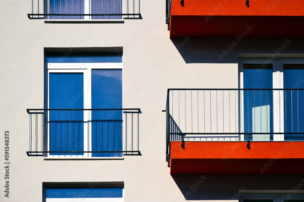 red textured stucco balcony slabs. steel picket railing. perspective ...