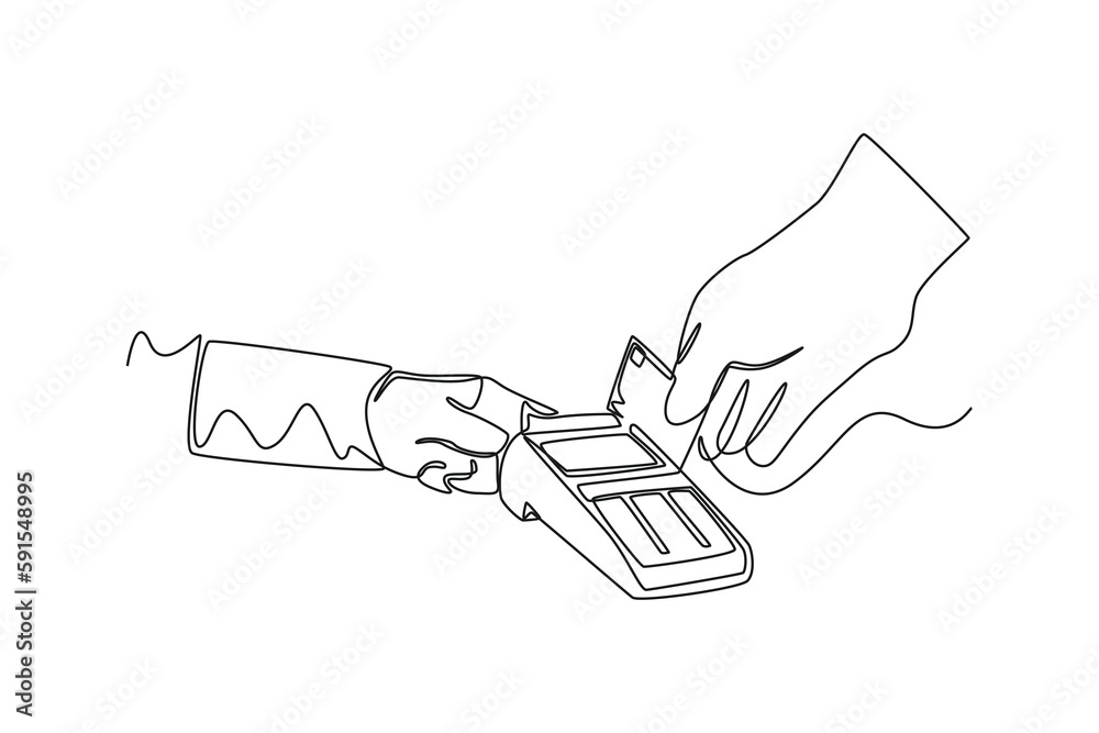 Single one line drawing hand swipes card with edc machine. Bank concept ...