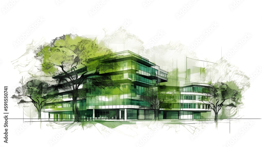 Sustainable development project sketch, green building and trees. Urban ...