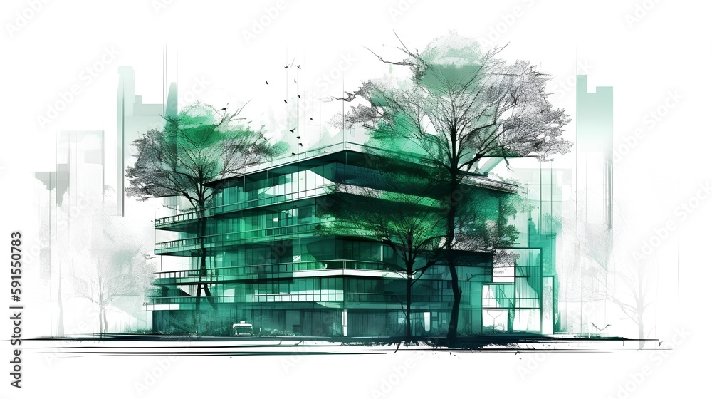 Sustainable development project sketch, green building and trees. Urban ...