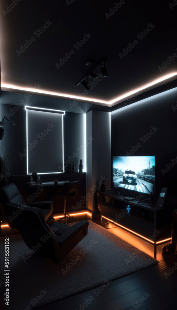Very cool and classy gamer room with neon lights. AI generated Stock ...