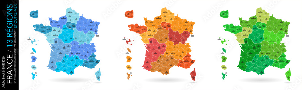 Carte de France / 13 régions et outre-mer avec départements, numéros et ...
