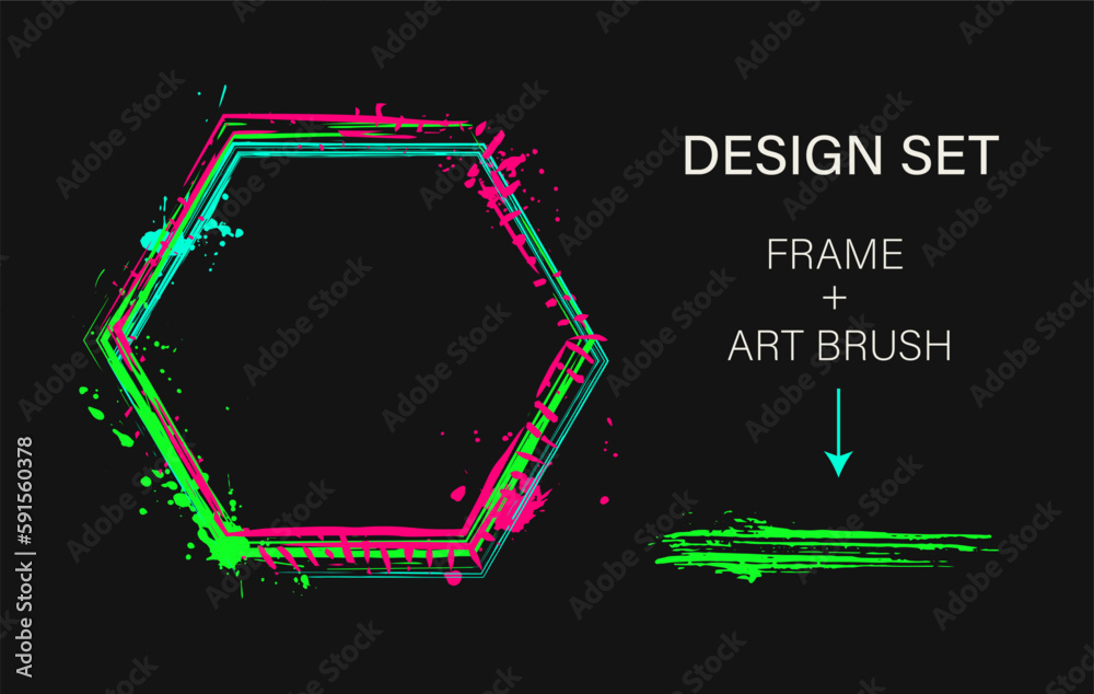 Vektorová grafika „Set of design elements, hexagonal frame, grunge art ...