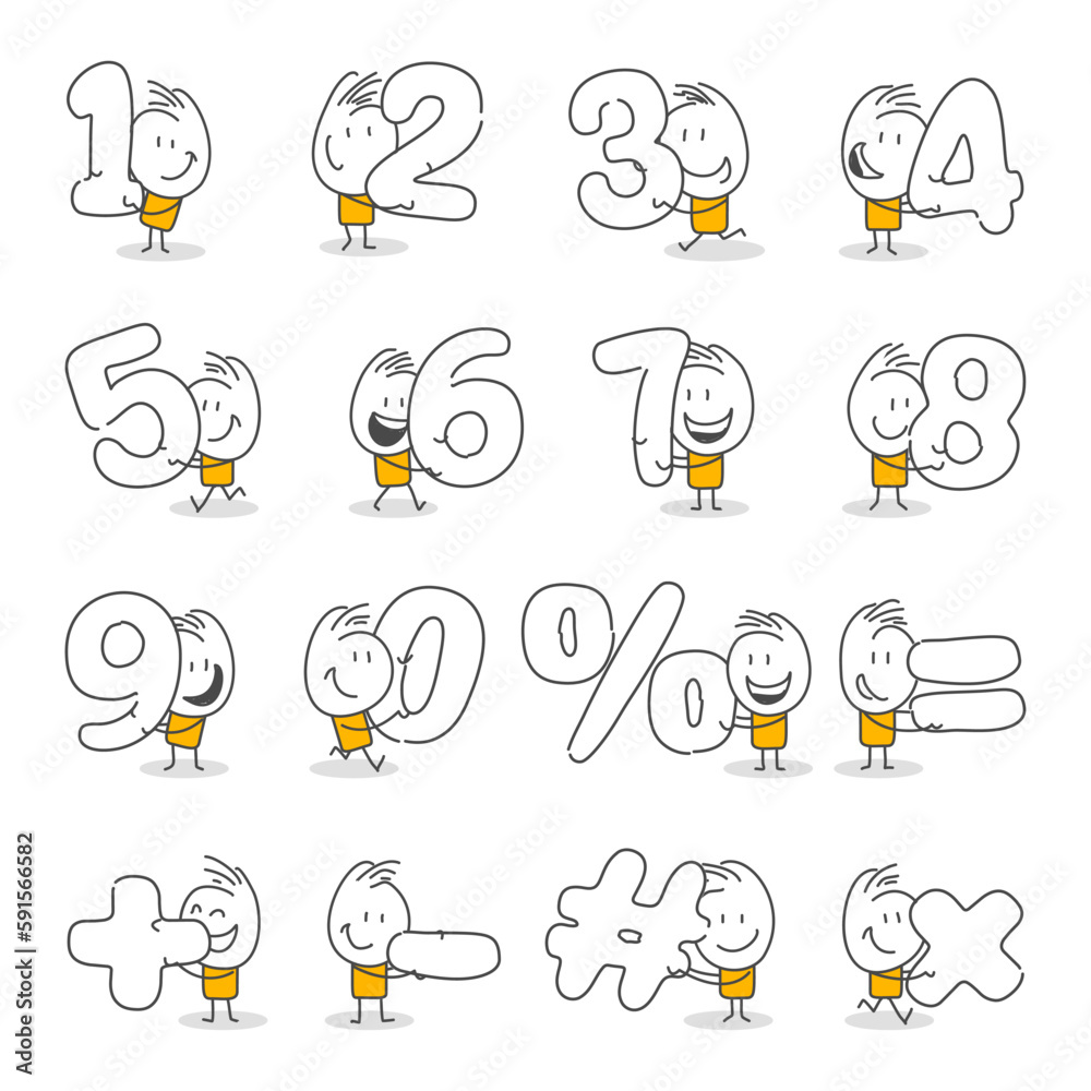 Stick figures. Numbers. Isolated on white background. Hand drawn Doodle ...