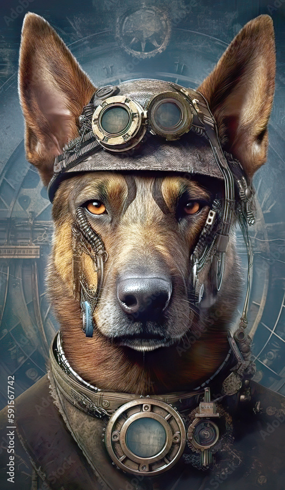 Portrait of a futuristic steampunk dog. A cyberpunk dog in the future ...