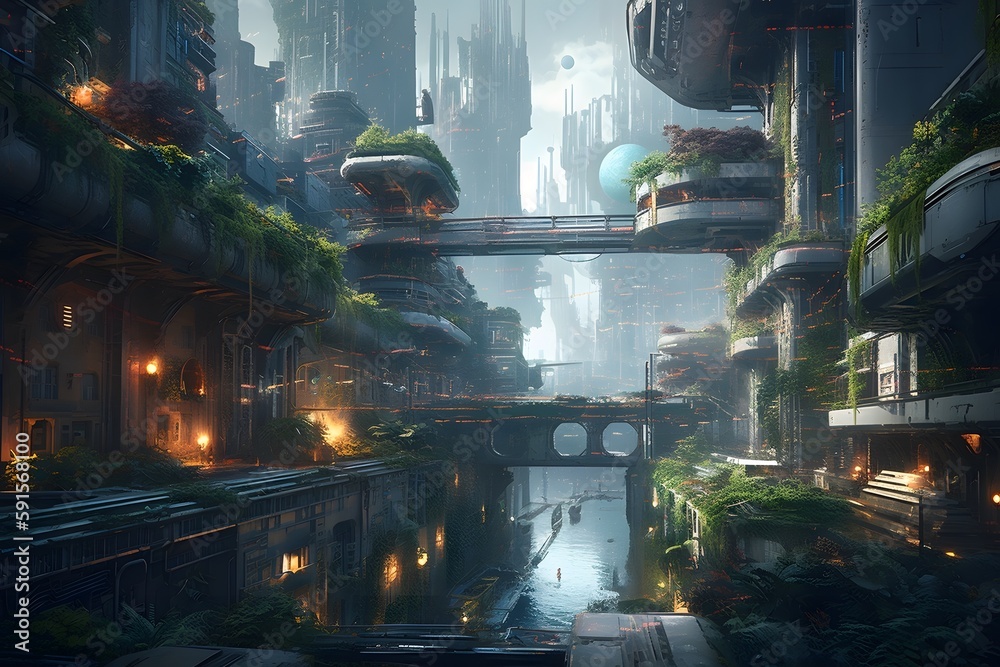 cyberpunk cityscape with futuristic floating gardens, where neon-lit ...