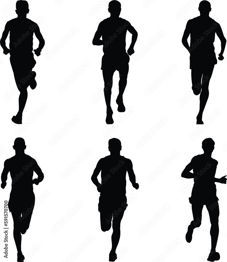 set running marathon male athletes black silhouette, front view, sports ...