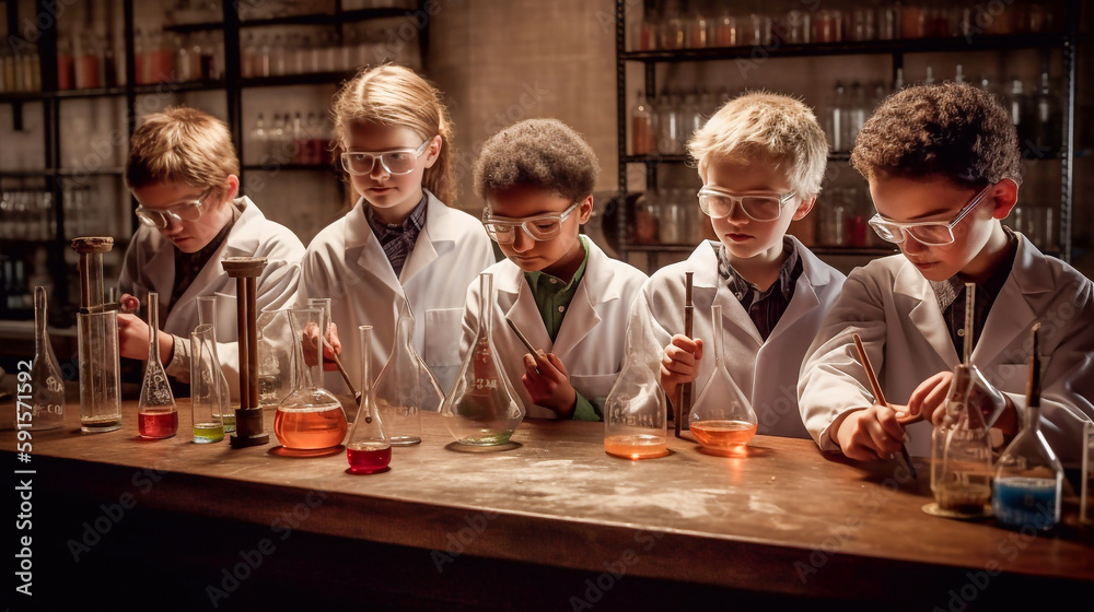 Elementary school students conducting experiments in a science lab ...