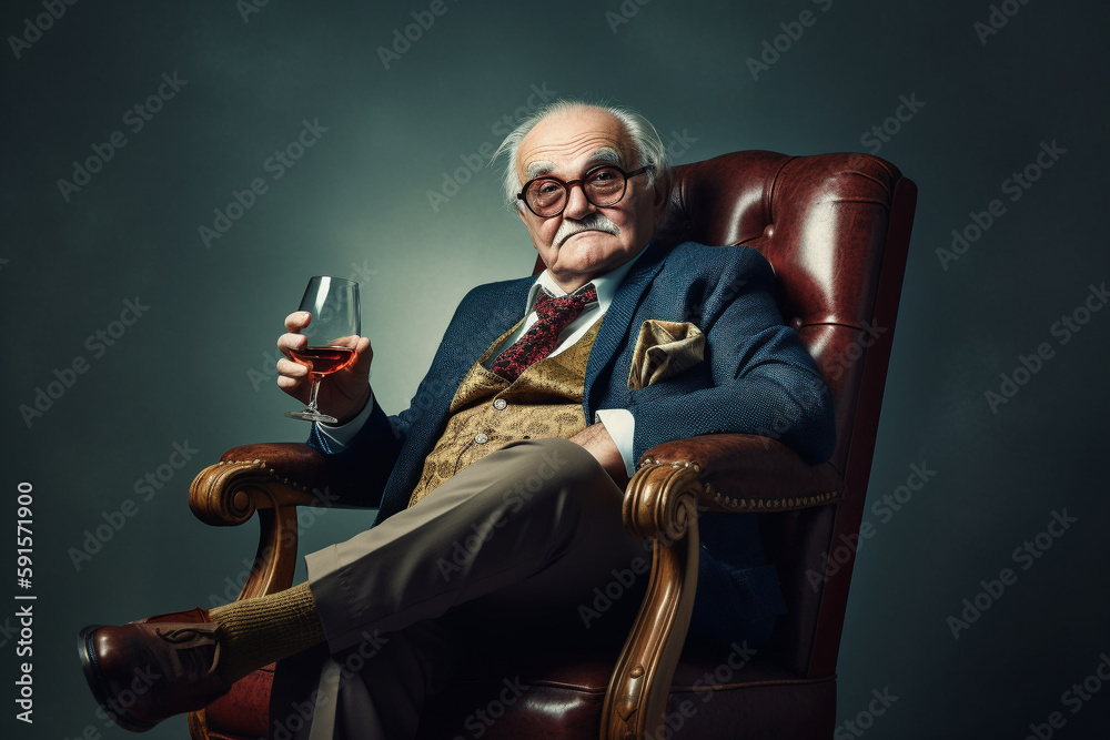 Funny old man chilling and relaxing in a chair, drinking wine ...