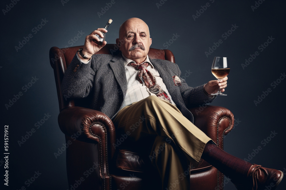 Funny old man chilling and relaxing in a chair, drinking wine ...