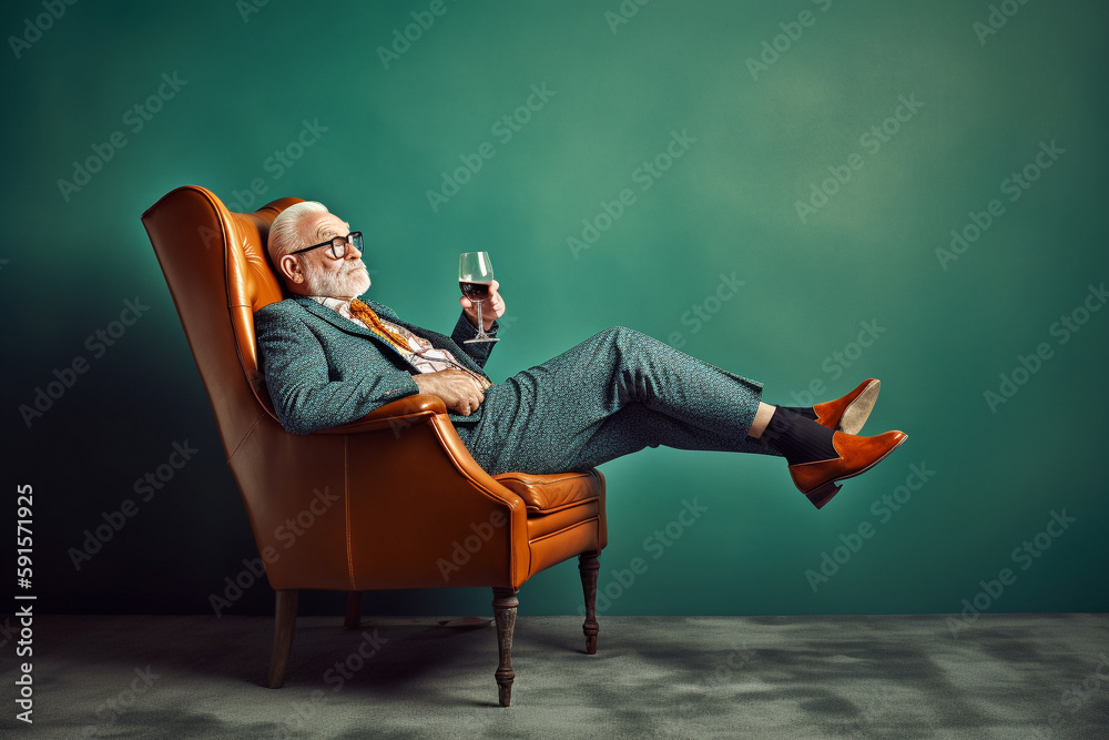 Funny old man, chilling and relaxing in an armchair, drinking a ...