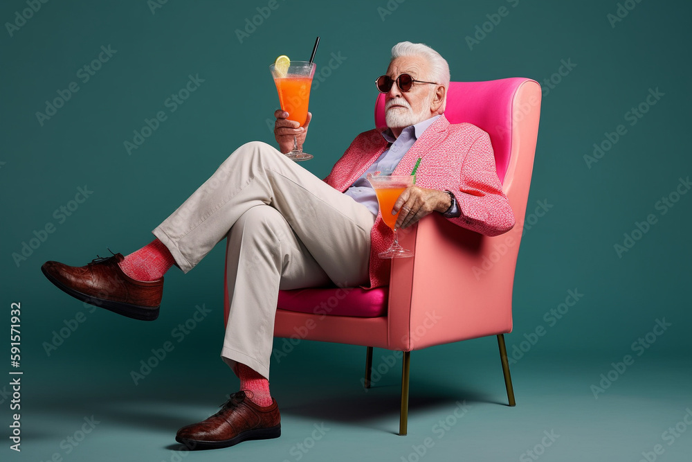 Funny old man, chilling and relaxing in an armchair, drinking a ...