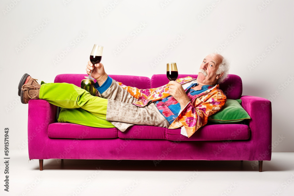 Funny old man chilling and relaxing on a sofa. Generative AI Stock ...