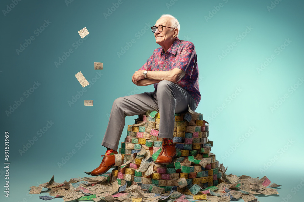 Retired old man sitting on a pile of money. Generative AI Stock ...