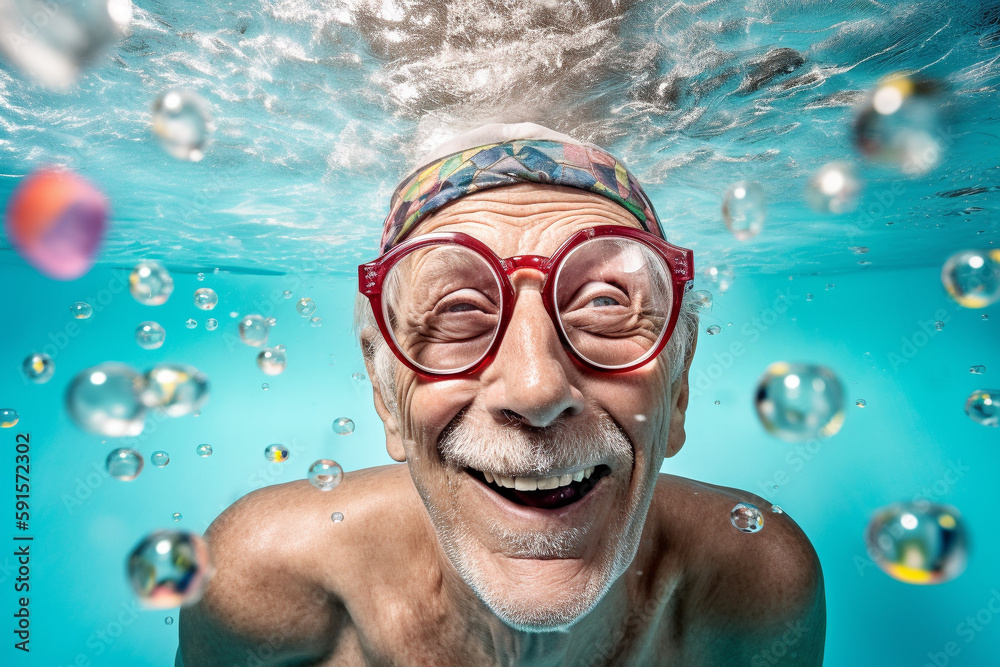 Funny old man swimming in pool. Generative AI Stock Illustration | Adobe Stock