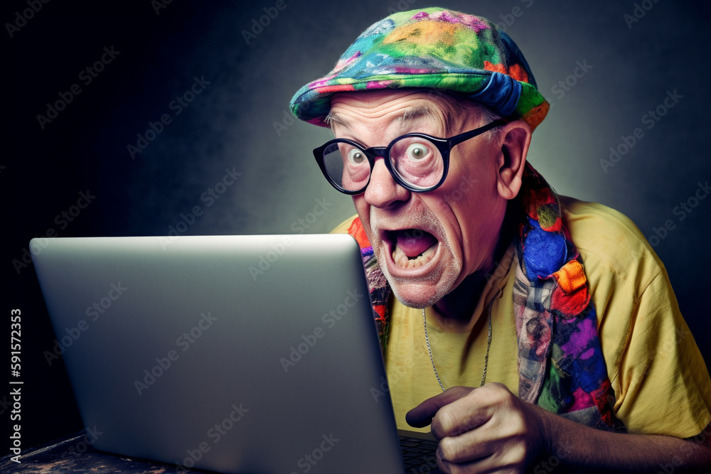 Funny old man, desperately trying to use laptop. Generative AI Stock ...