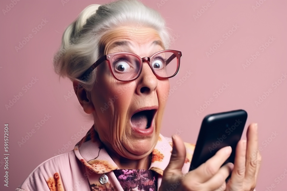 Funny old woman trying to use a smartphone and making a goofy face ...