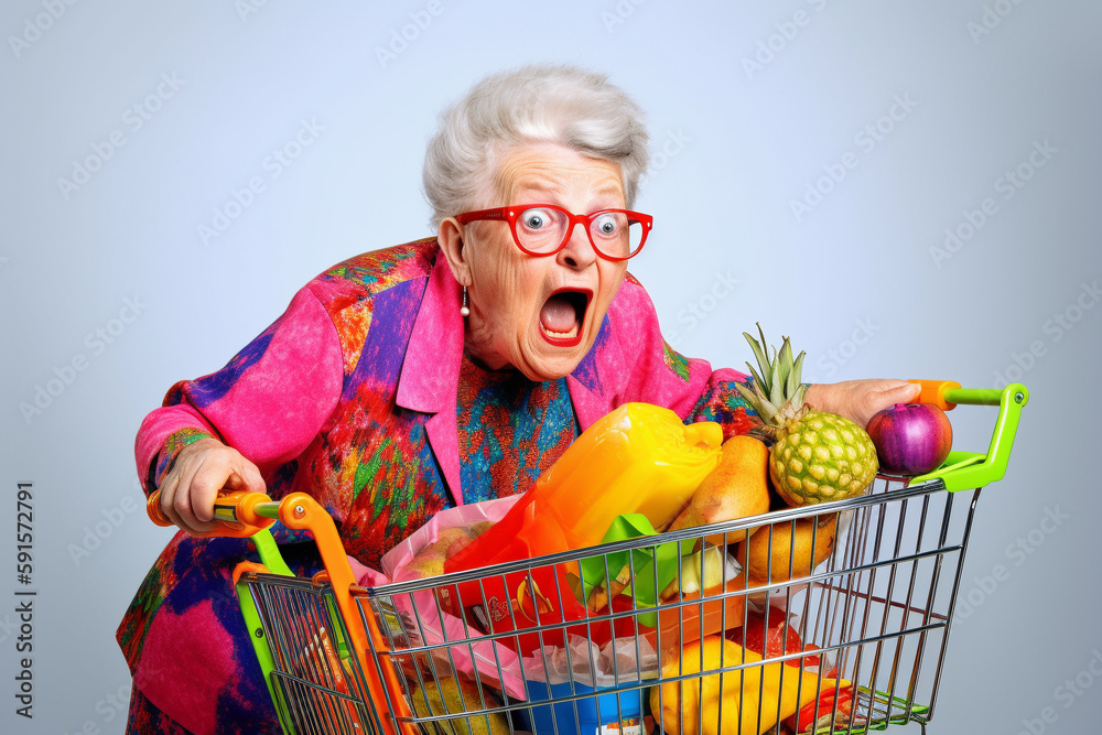 Funny old woman pulling a shopping cart full of groceries. Generative ...