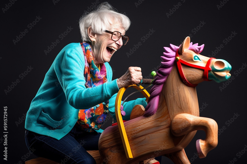 Funny old woman riding a wooden toy horse and laughing loudly ...