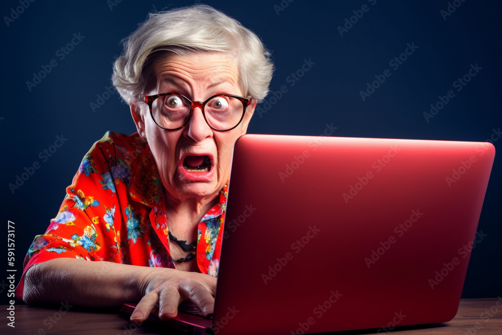 Funny old woman desperately trying to use a laptop. Generative AI Stock ...