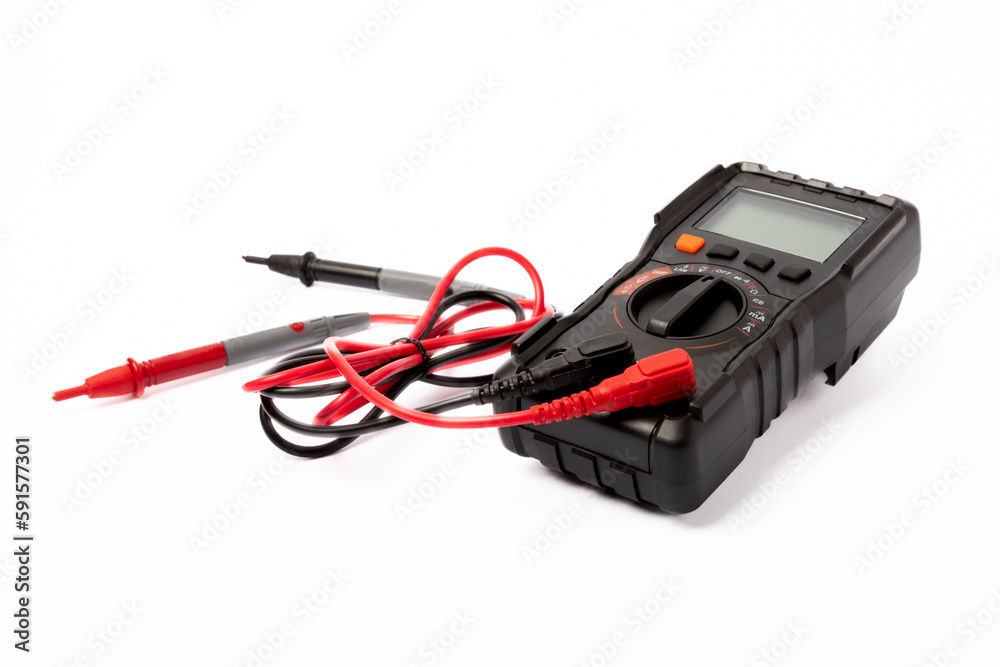 Digital multimeter with probes and display isolated on white background ...