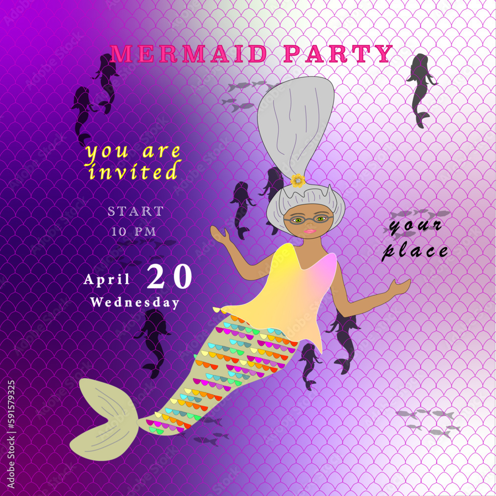 Mermaid party invitation card with gray hair mermaid in glasses. Scales ...