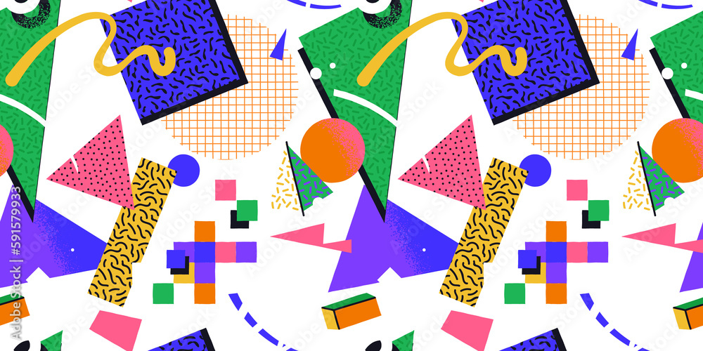 Colorful 90s style geometric shape seamless pattern. Trendy flat ...