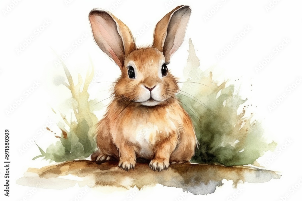 cute watercolor illustration for kids of a rabit, clipart, white ...