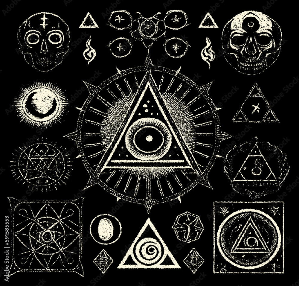 Occult symbols composition in dotwork style. Abstract mystic elements ...