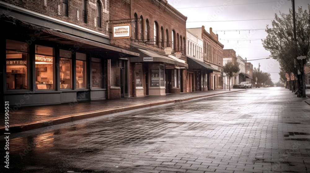 Empty main street in a small town, stores closed due to economic downturn, illustrating the ...